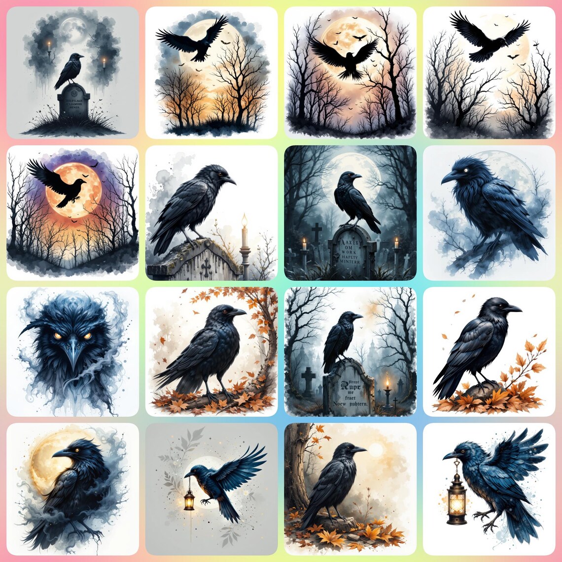36 Common Raven Crow Clipart, Halloween Crow, Printable Watercolor ...