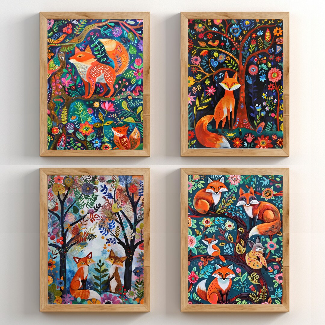Scandinavian Folk Art Print - Foxes & Woodland Creatures in Colorful ...