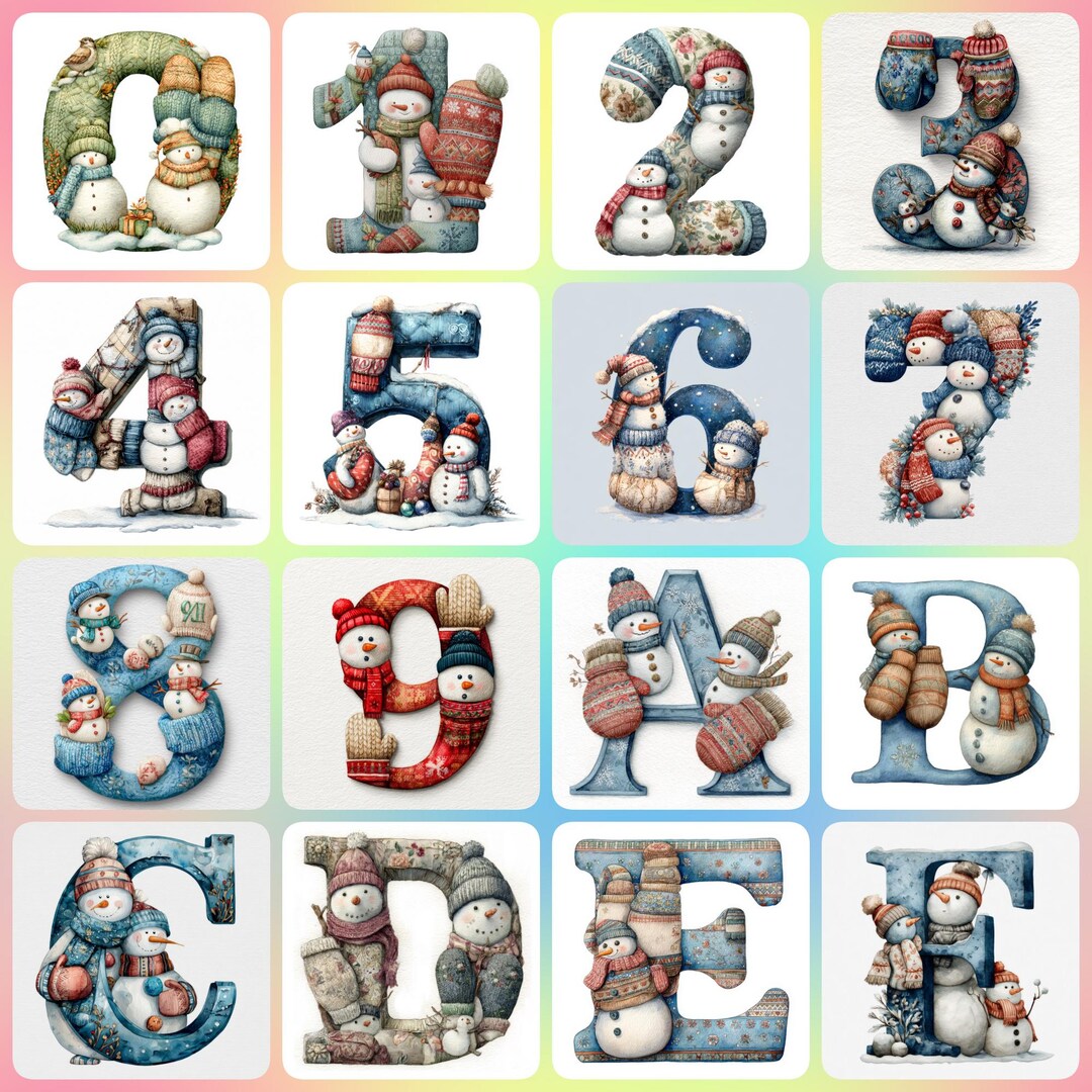36 Jpgs, Watercolor Alphabet Letter With Cozy Winter Snowmen & Mittens ...