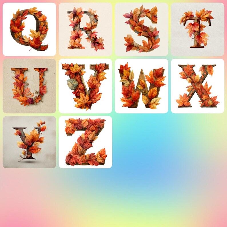 36 Jpgs, Watercolor Autumn Leaves of Orange and Red, Alphabet A to Z ...