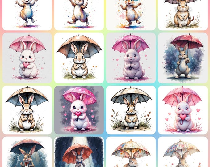 10 Bunny Rainy Clipart, Bunny With Umbrella, Printable Watercolor ...