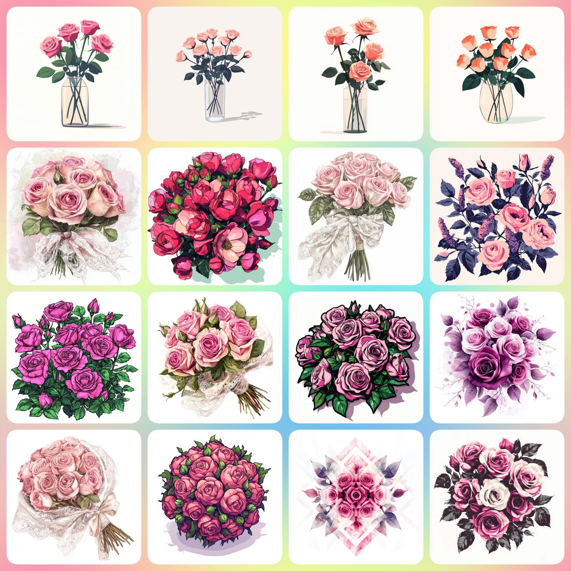 36 Pink Roses Clipart, Roses Bouquet, Printable Watercolor Clipart ...