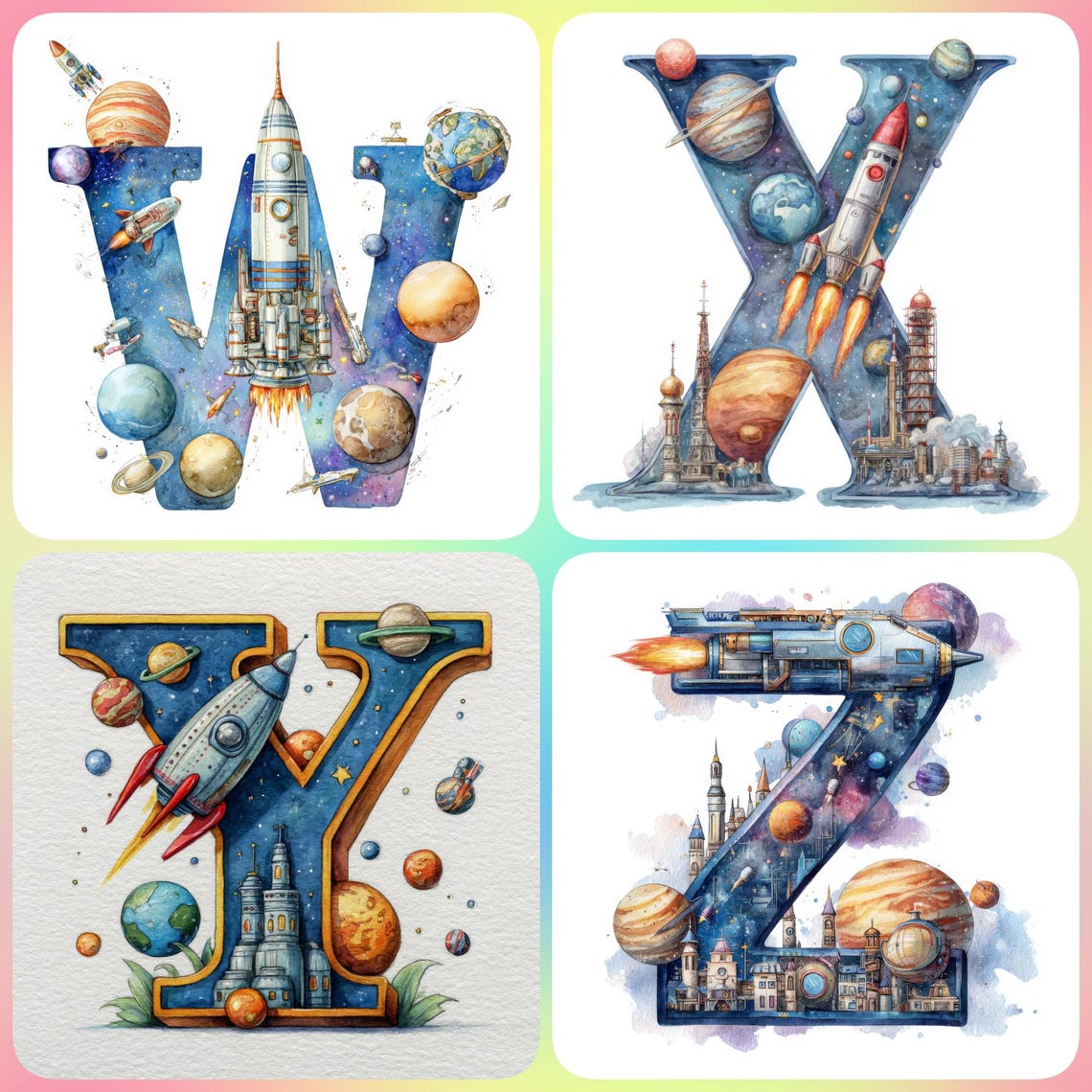 36 Jpgs, Watercolor Rockets and Planets, Space Adventure Theme ...
