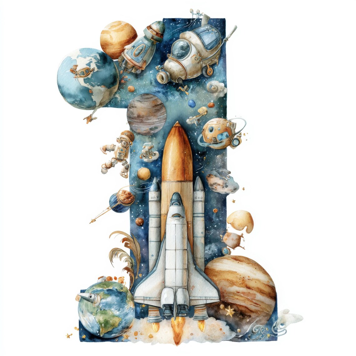 36 Jpgs, Watercolor Rockets and Planets, Space Adventure Theme ...