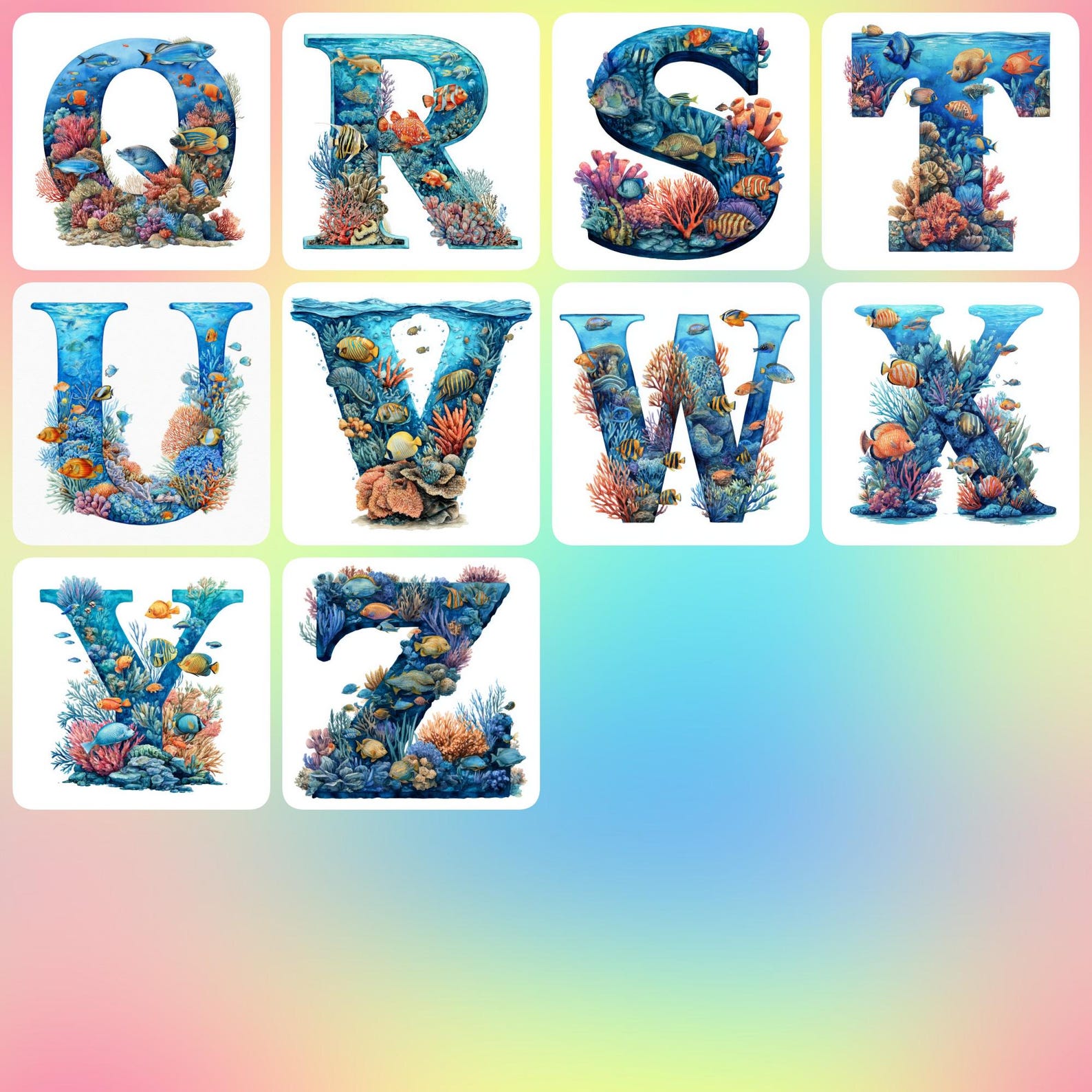 36 Jpgs, Watercolour Coral Reefs and Tropical Fish, Alphabet A to Z ...