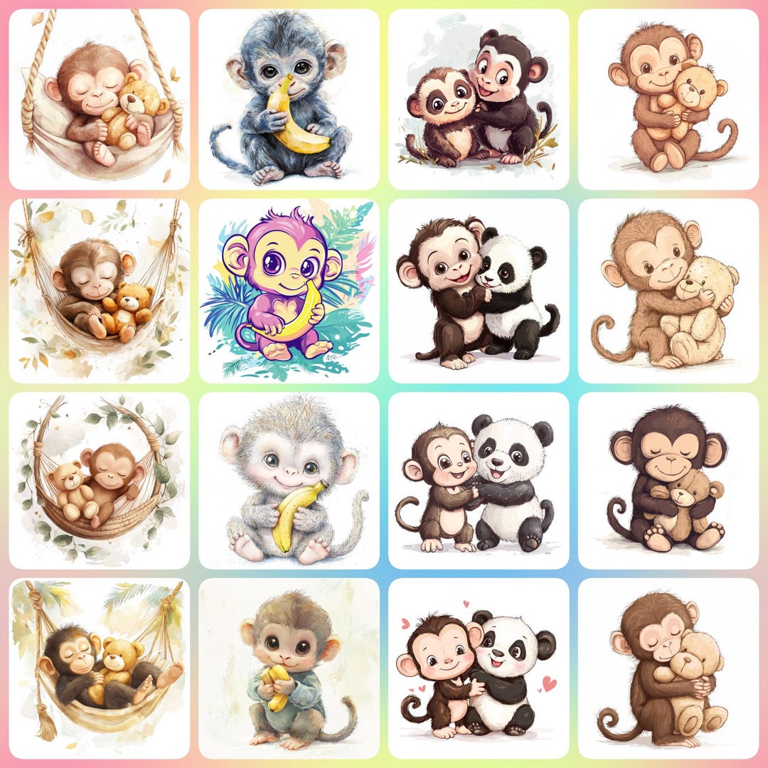 36 Monkey Baby Clipart, Monkey for Nursery, Printable Watercolor ...