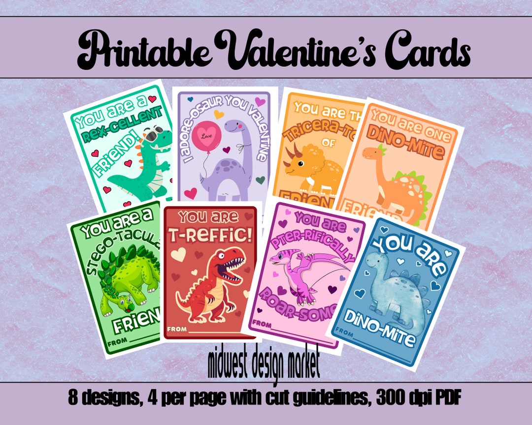 Printable Valentine Cards Dinosaurs, Classroom Valentines, Instant ...