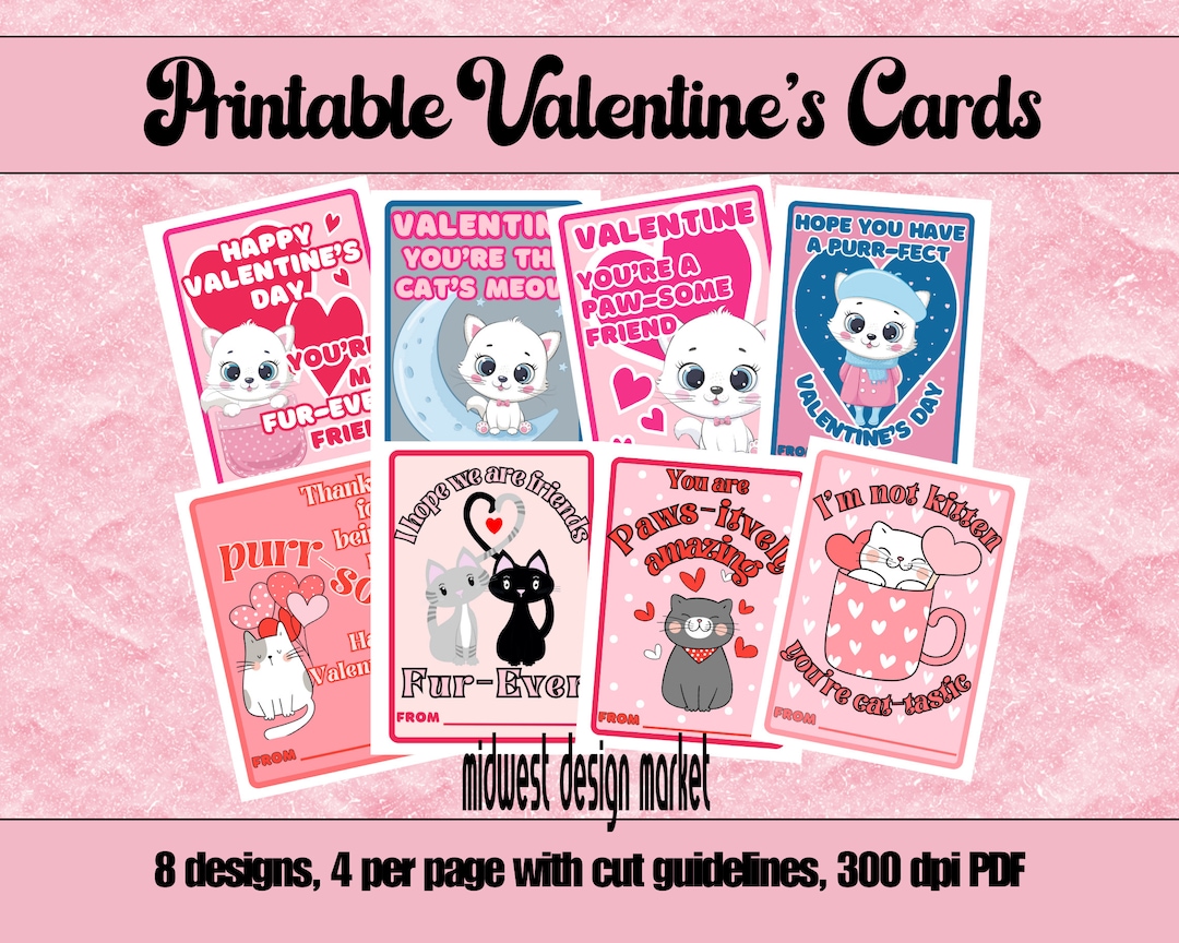 Valentine Cards Printables for Kids, Kitty Cat Valentines, Classroom ...