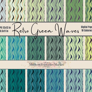Retro Green Waves Digital Paper Bundle, 18 Color Pack, Shades of Green ...