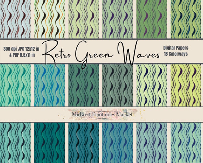 Retro Green Waves Digital Paper Bundle, 18 Color Pack, Shades of Green ...