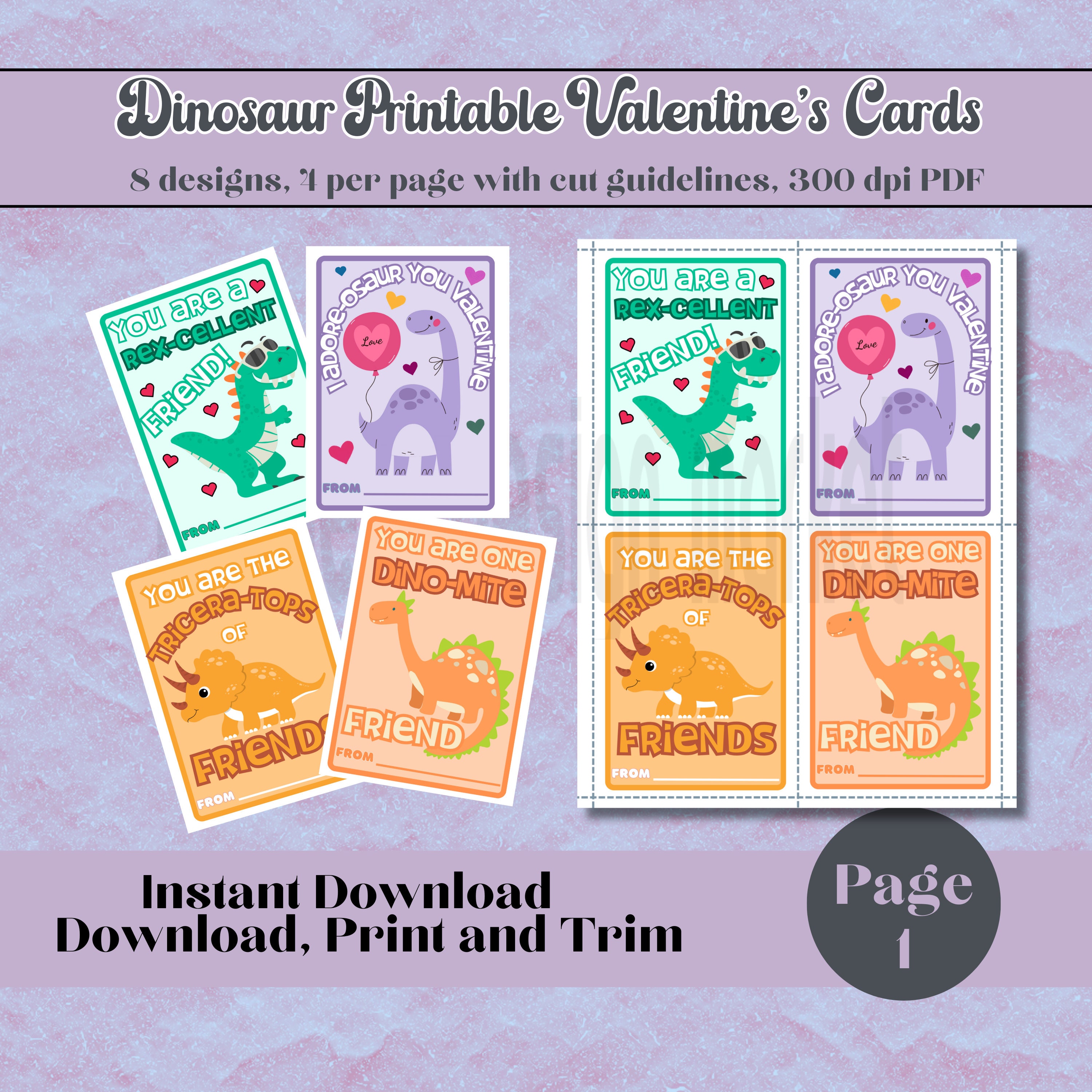 Printable Valentine Cards Dinosaurs, Classroom Valentines, Instant ...