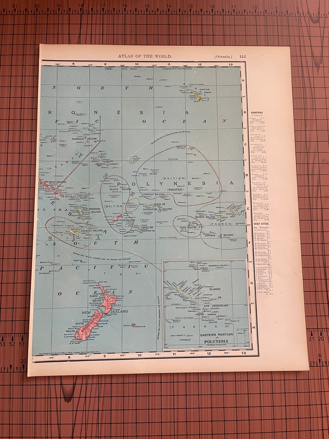 Antique Oceania Map, Polynesia, New Zealand Map, Antique Color Map Rand ...