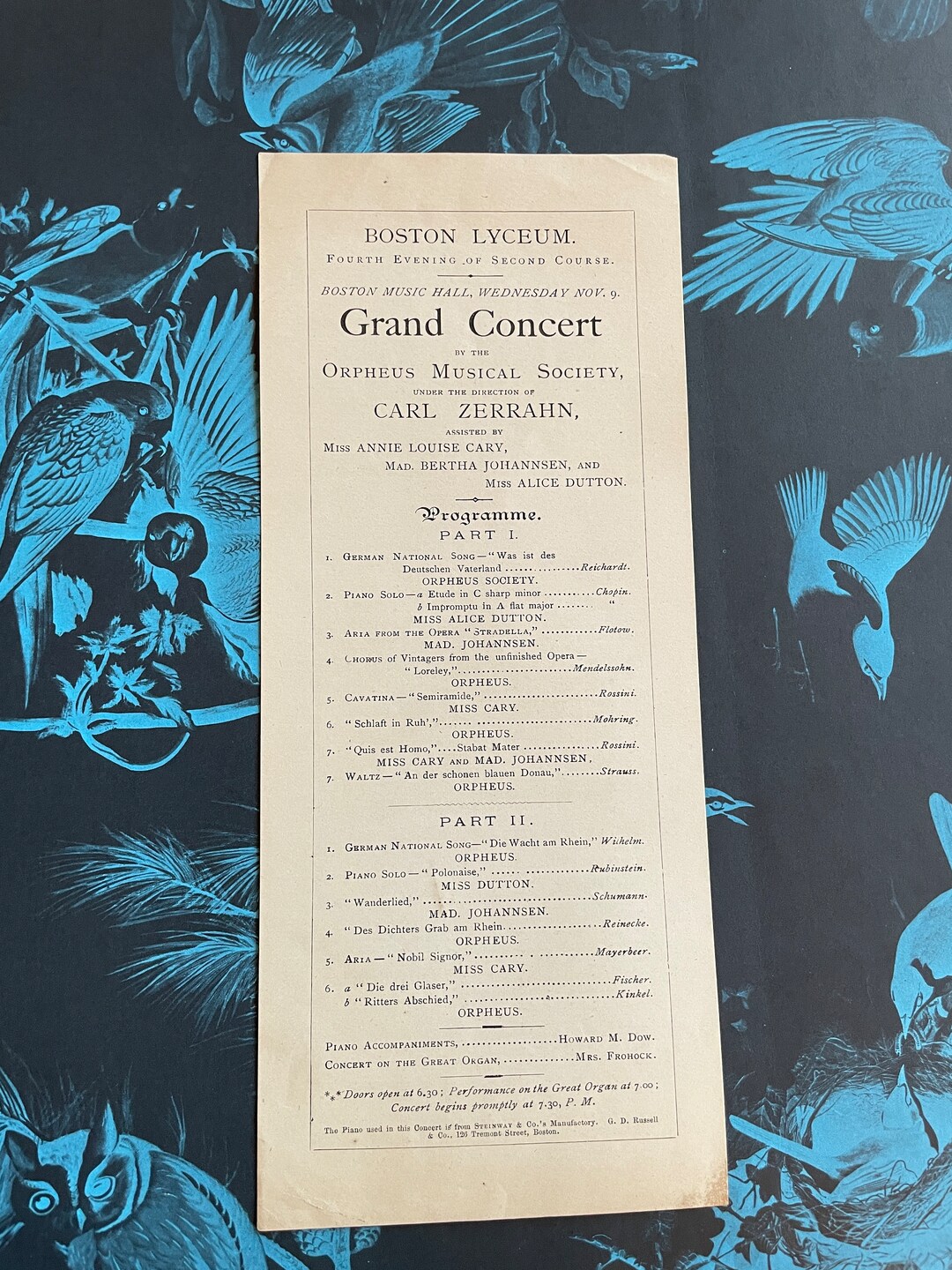 Boston Lyceum Program From the 1800s for a Grand Concert by the Orpheus ...