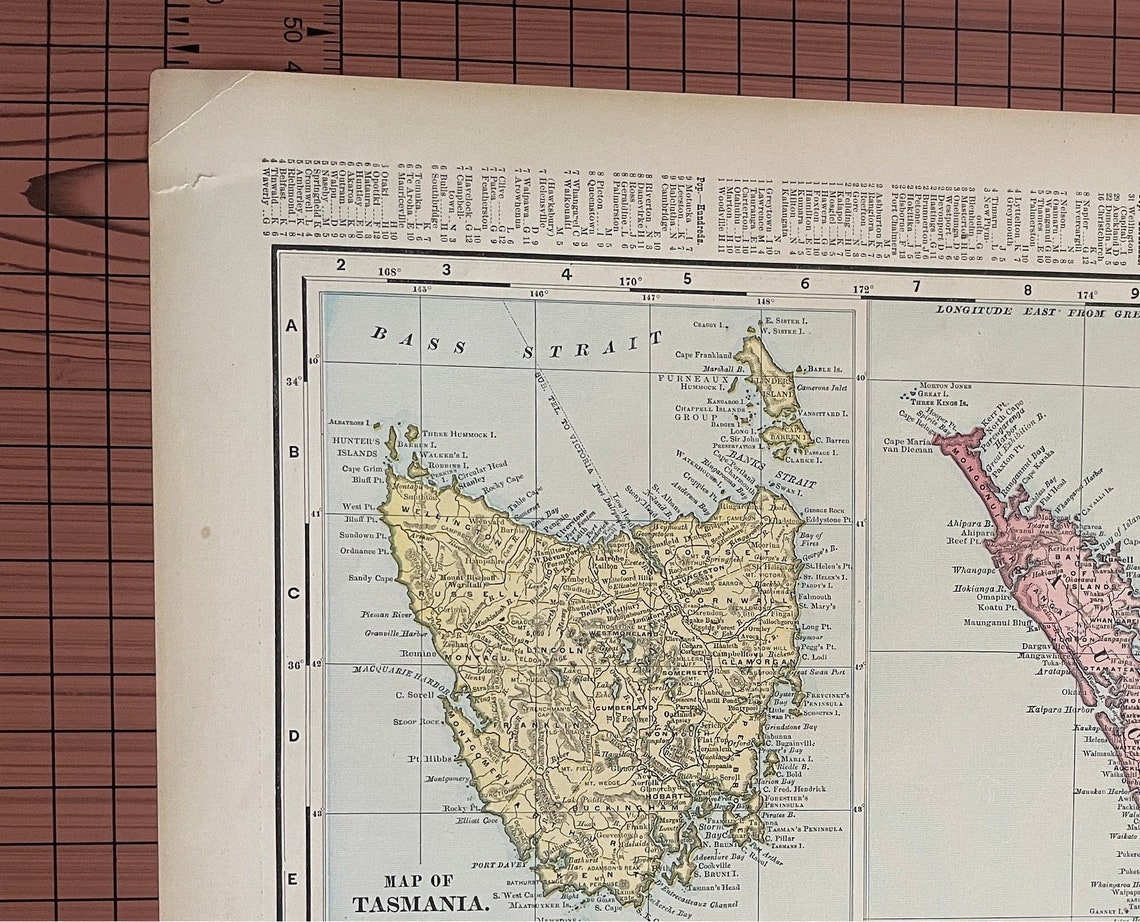 Antique New Zealand Map, Tasmania, and the Fiji Islands, Antique Color ...