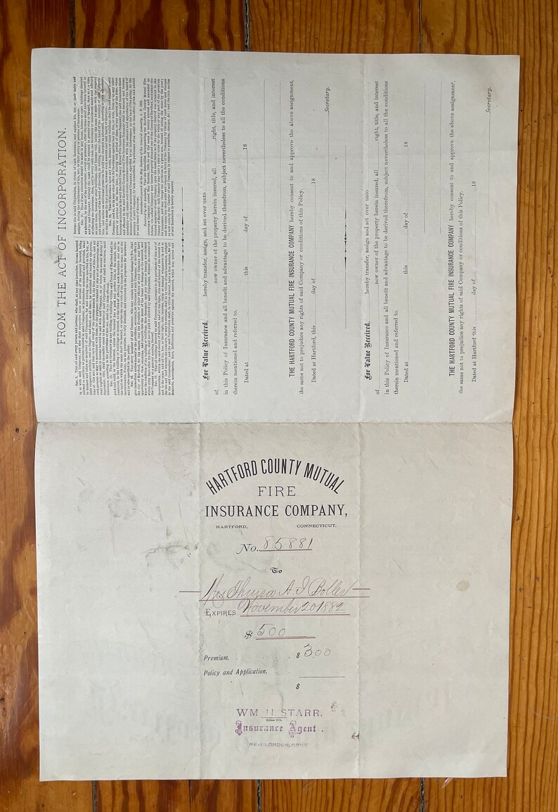 Antique 1879 Hartford County Mutual Fire Insurance Policy Groton New ...