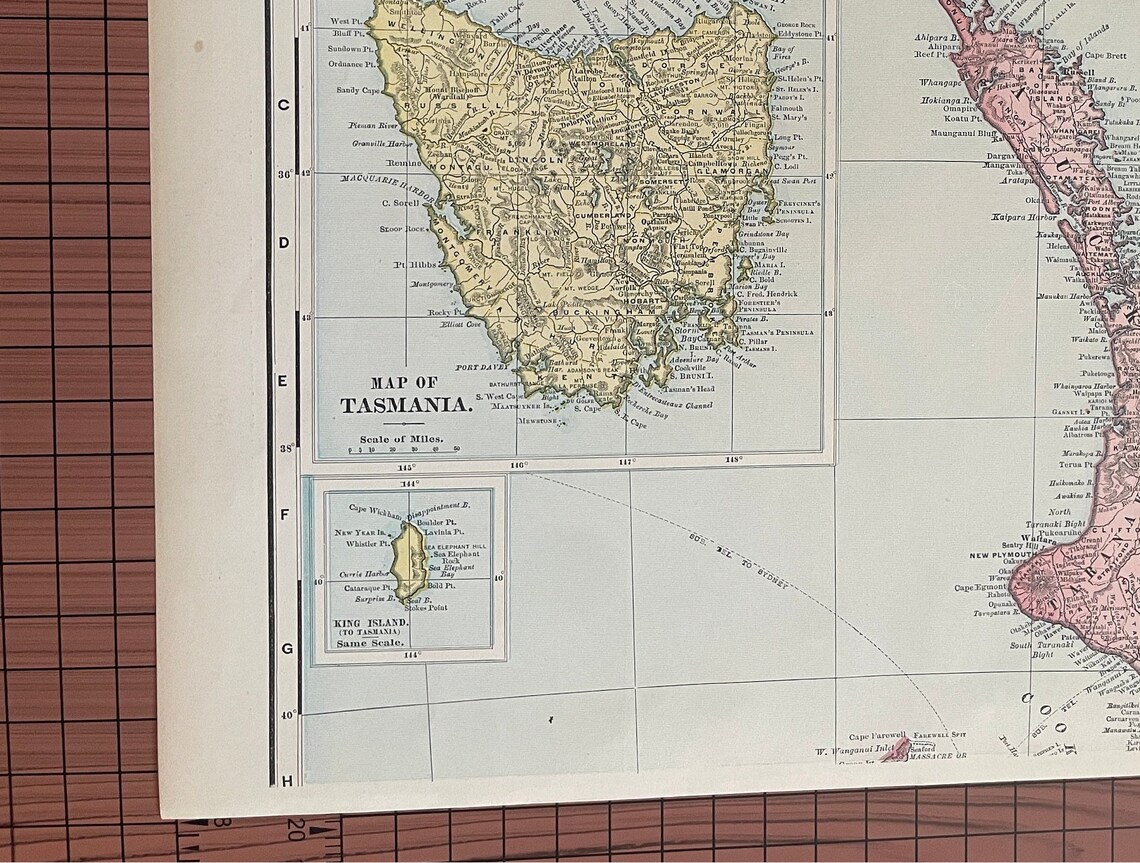 Antique New Zealand Map, Tasmania, and the Fiji Islands, Antique Color ...