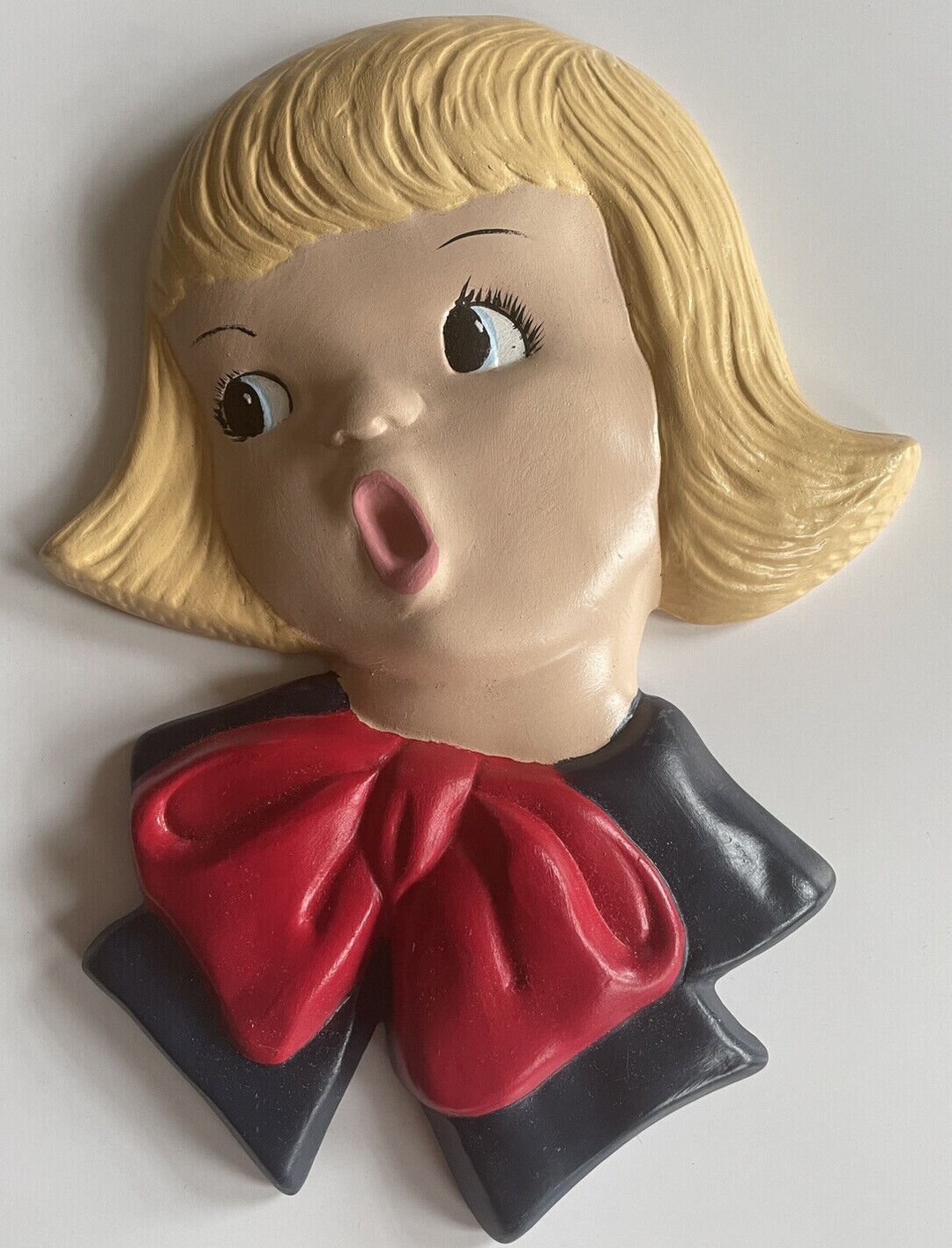 Vintage Chalkware Girl Red Bow Blonde Hair Wall Hanging Plaque Nursery ...