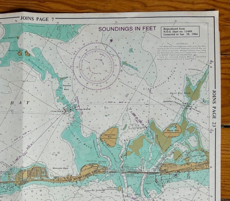 Vintage Nautical Chart Florida Bay, Florida Keys, Long Key, Lower ...