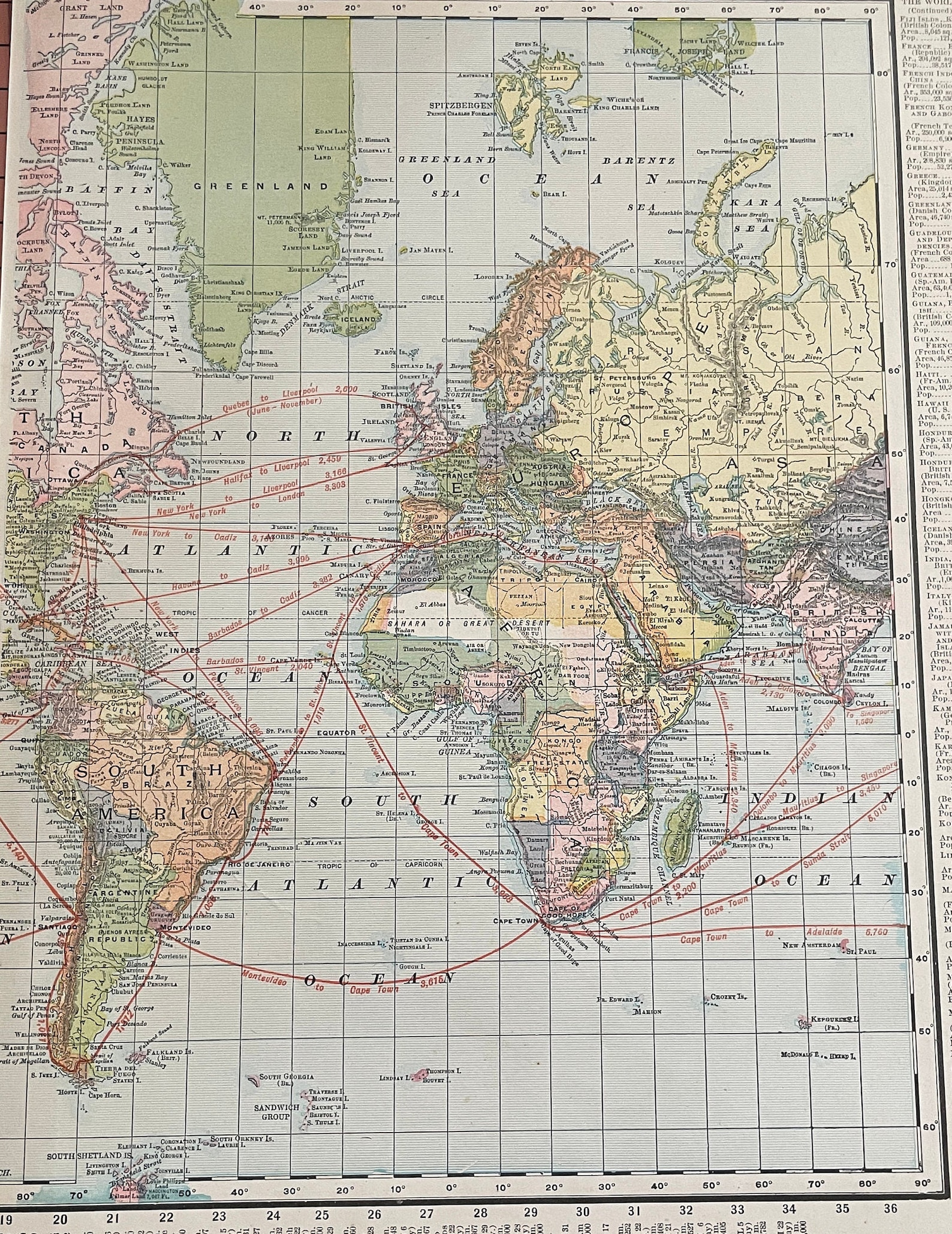 Antique World Map Shows Distance Between Ports, Antique Color Map Rand ...