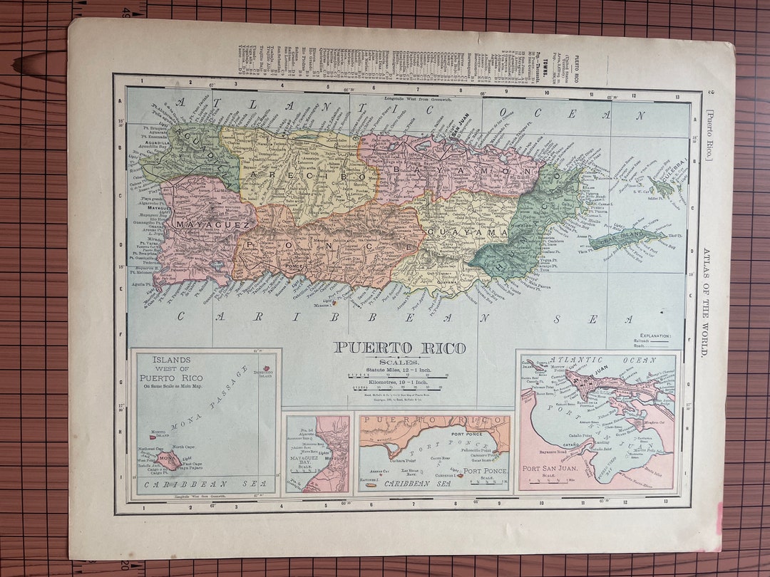 Antique Puerto Rico Map, Antique Color Map Rand Mcnally C 1899 World ...