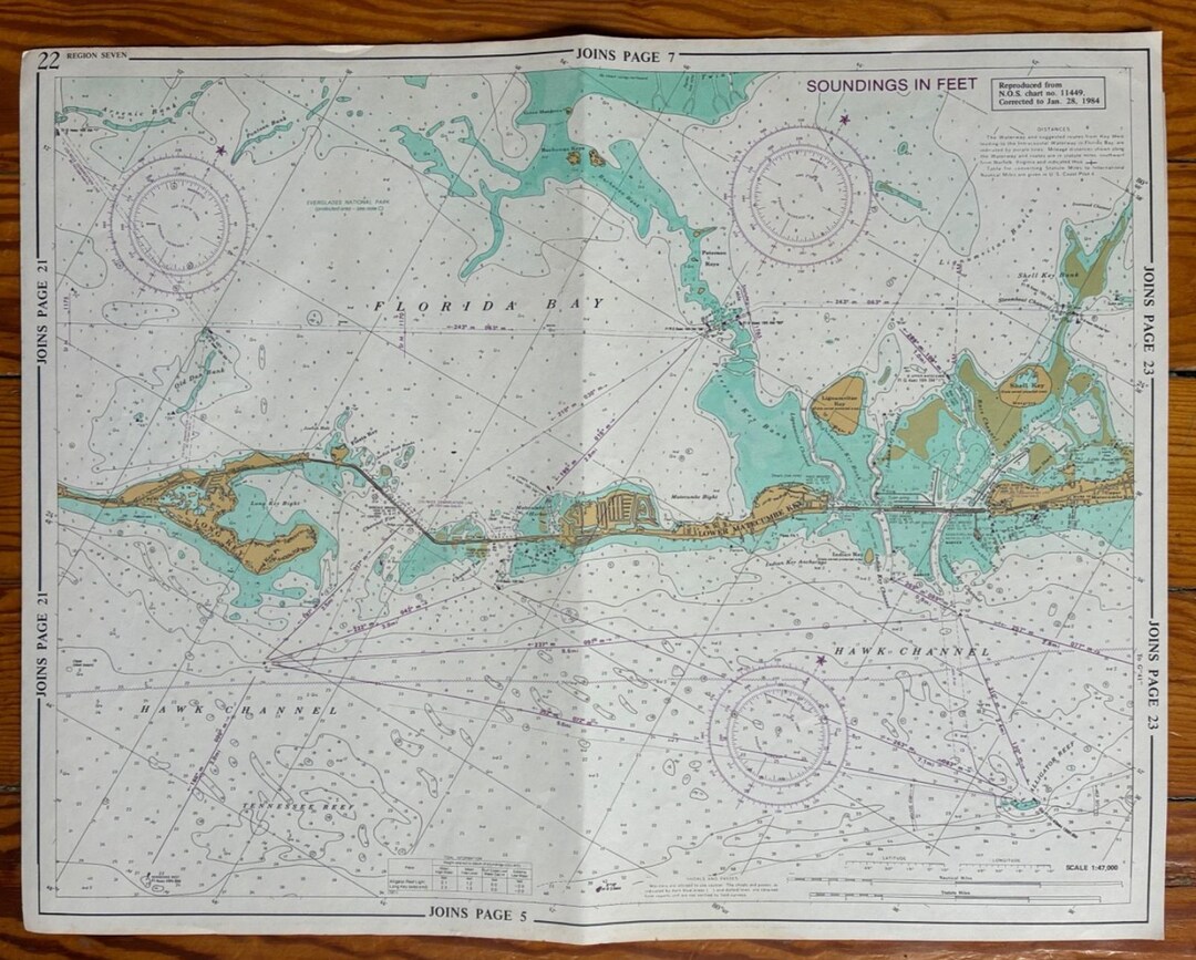 Vintage Nautical Chart Florida Bay, Florida Keys, Long Key, Lower ...