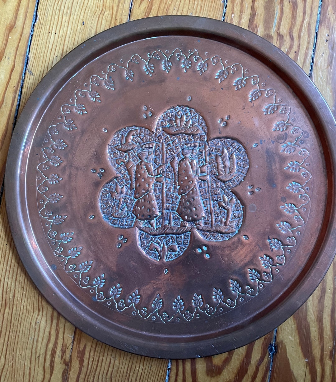 Mid Century Vintage Chased Repousse Tray, Round Copper Middle Eastern ...