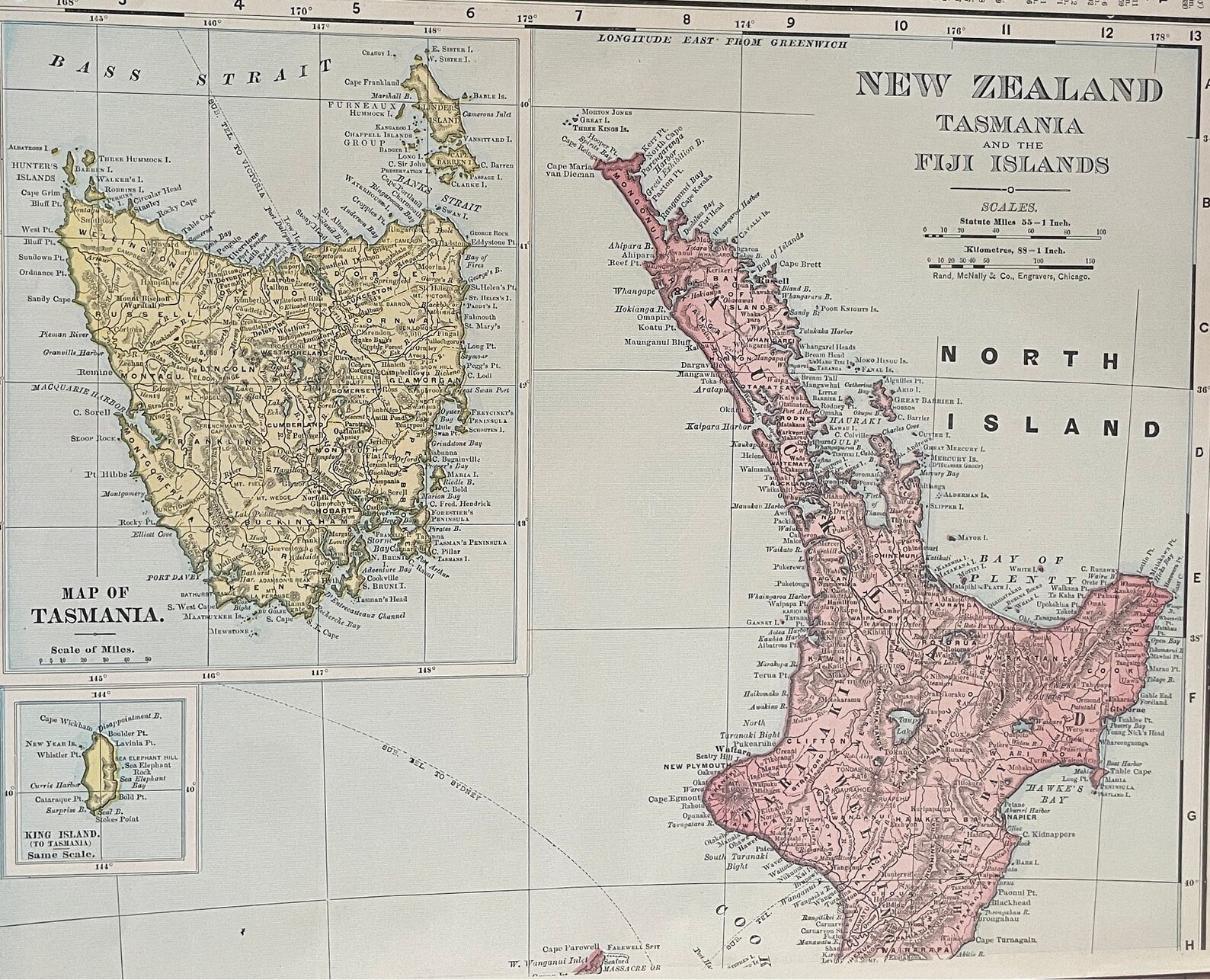 Antique New Zealand Map, Tasmania, and the Fiji Islands, Antique Color ...