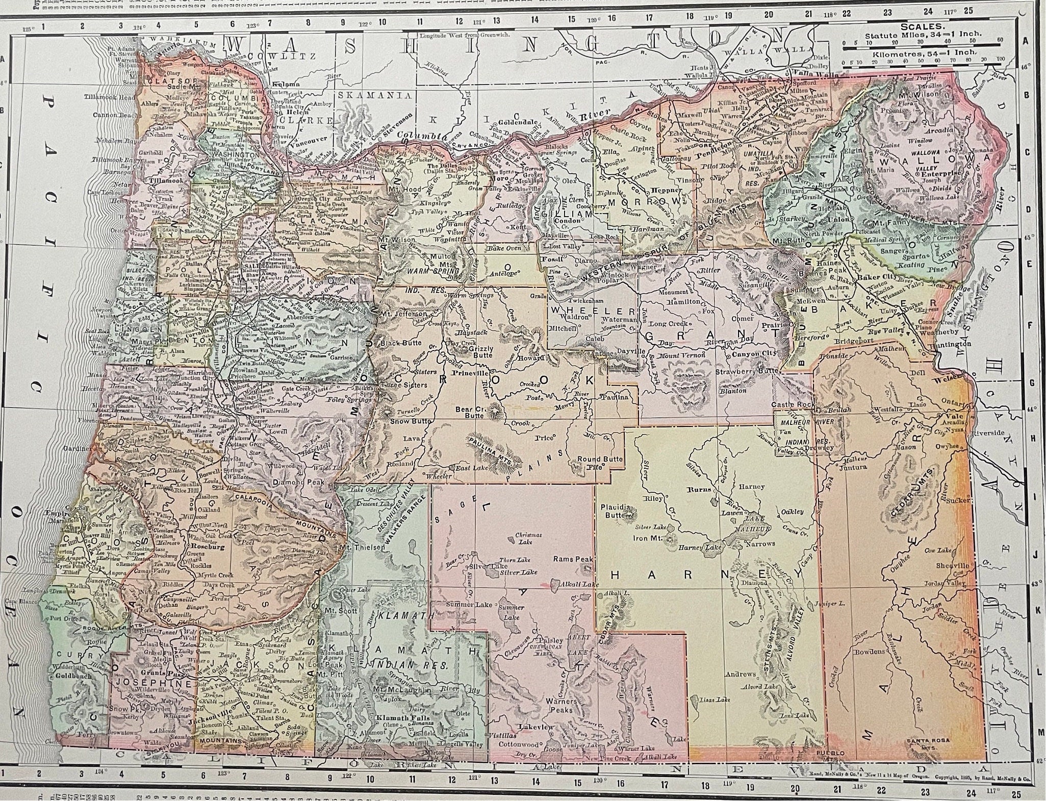 Antique Oregon Map, Antique Color Map Rand Mcnally C 1899 World Atlas ...