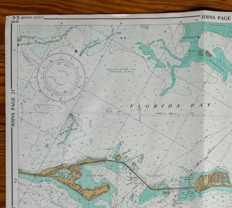 Vintage Nautical Chart Florida Bay, Florida Keys, Long Key, Lower ...