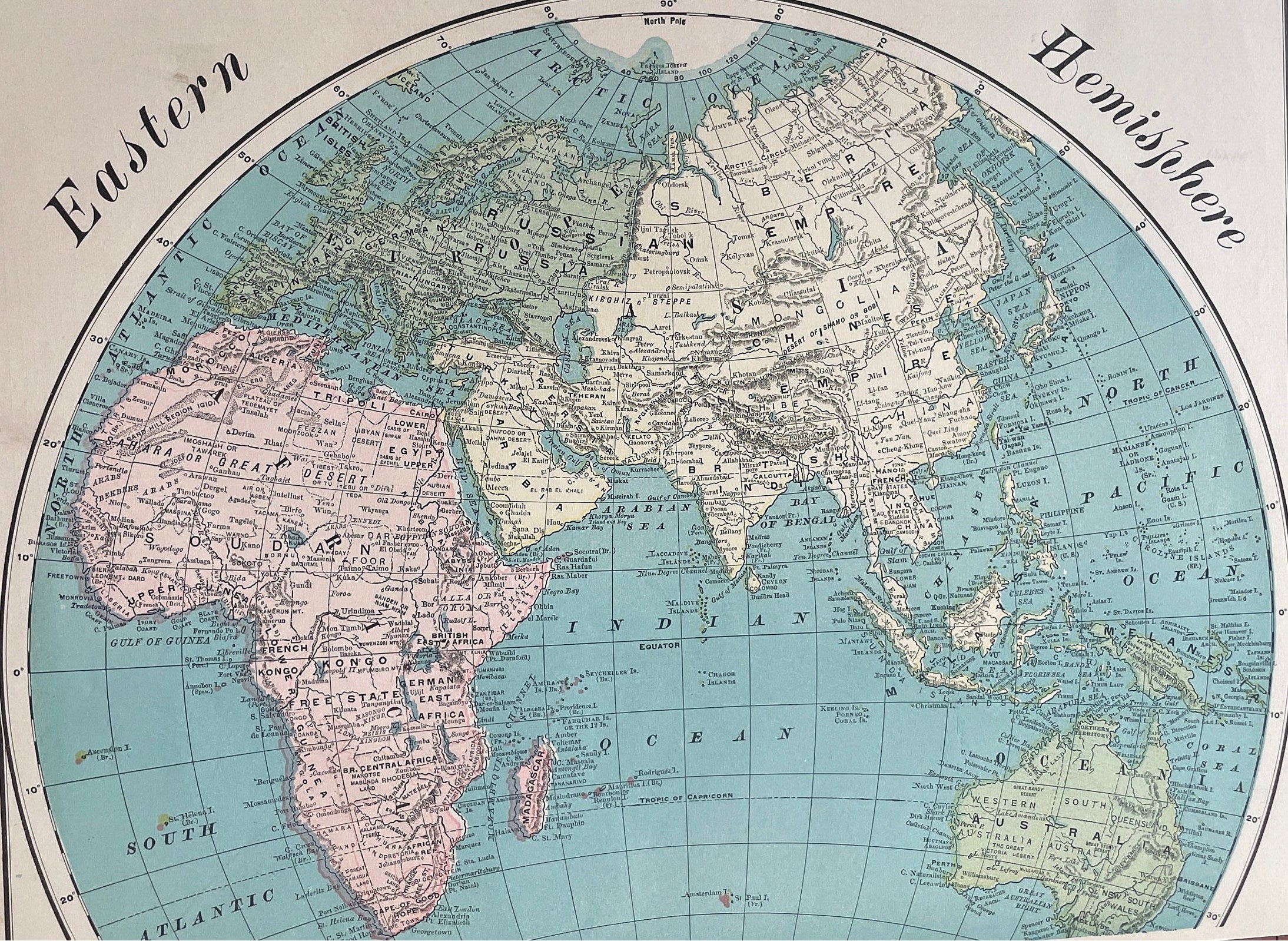 Antique Eastern Hemisphere Map, Antique Color Map Rand Mcnally C 1899 ...