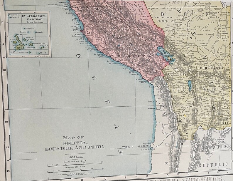 Antique South America Map, West Ecuador, Peru, and Bolivia, Galapagos ...