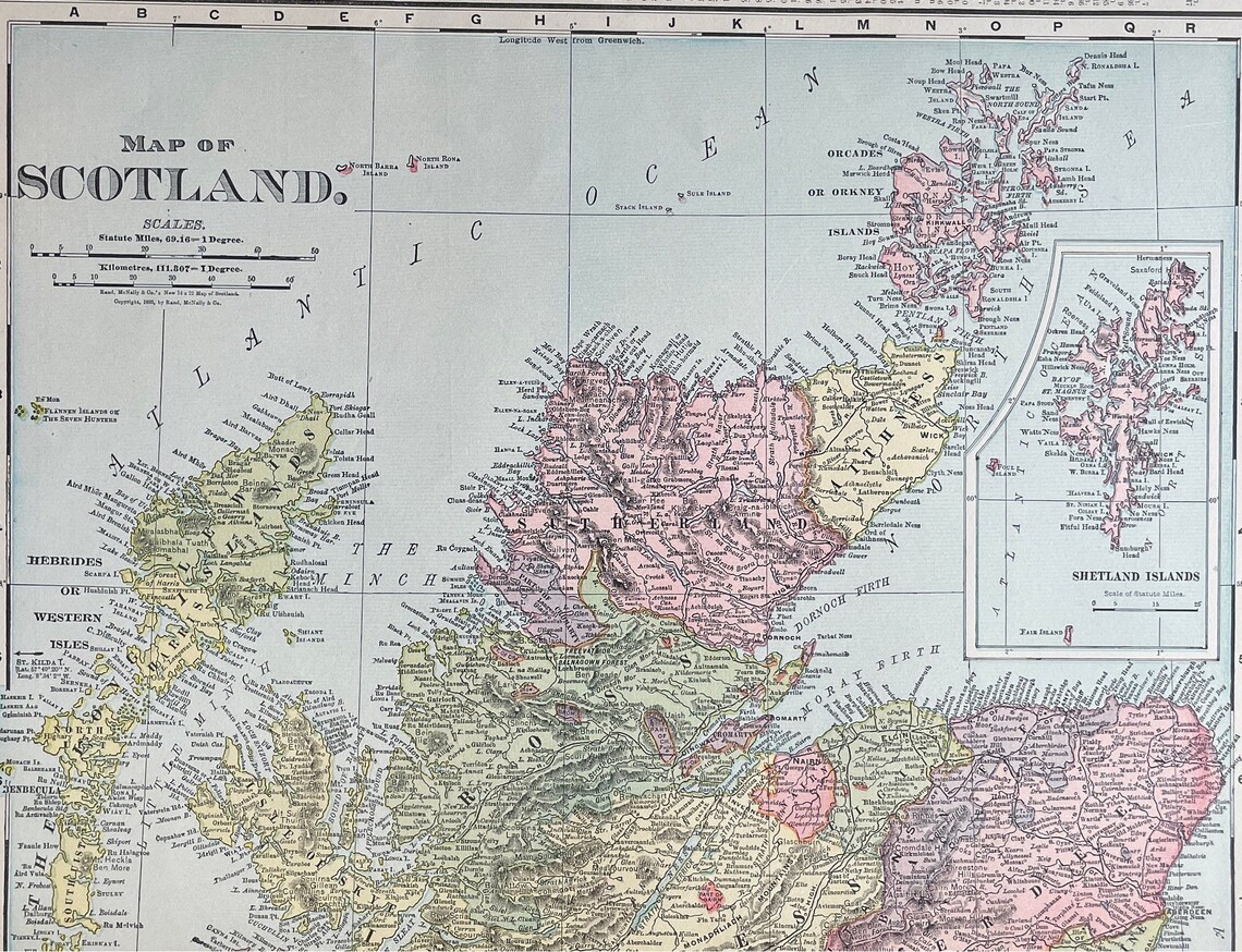 Antique Scotland Map, Shetland Islands, Antique Color Map Rand Mcnally ...