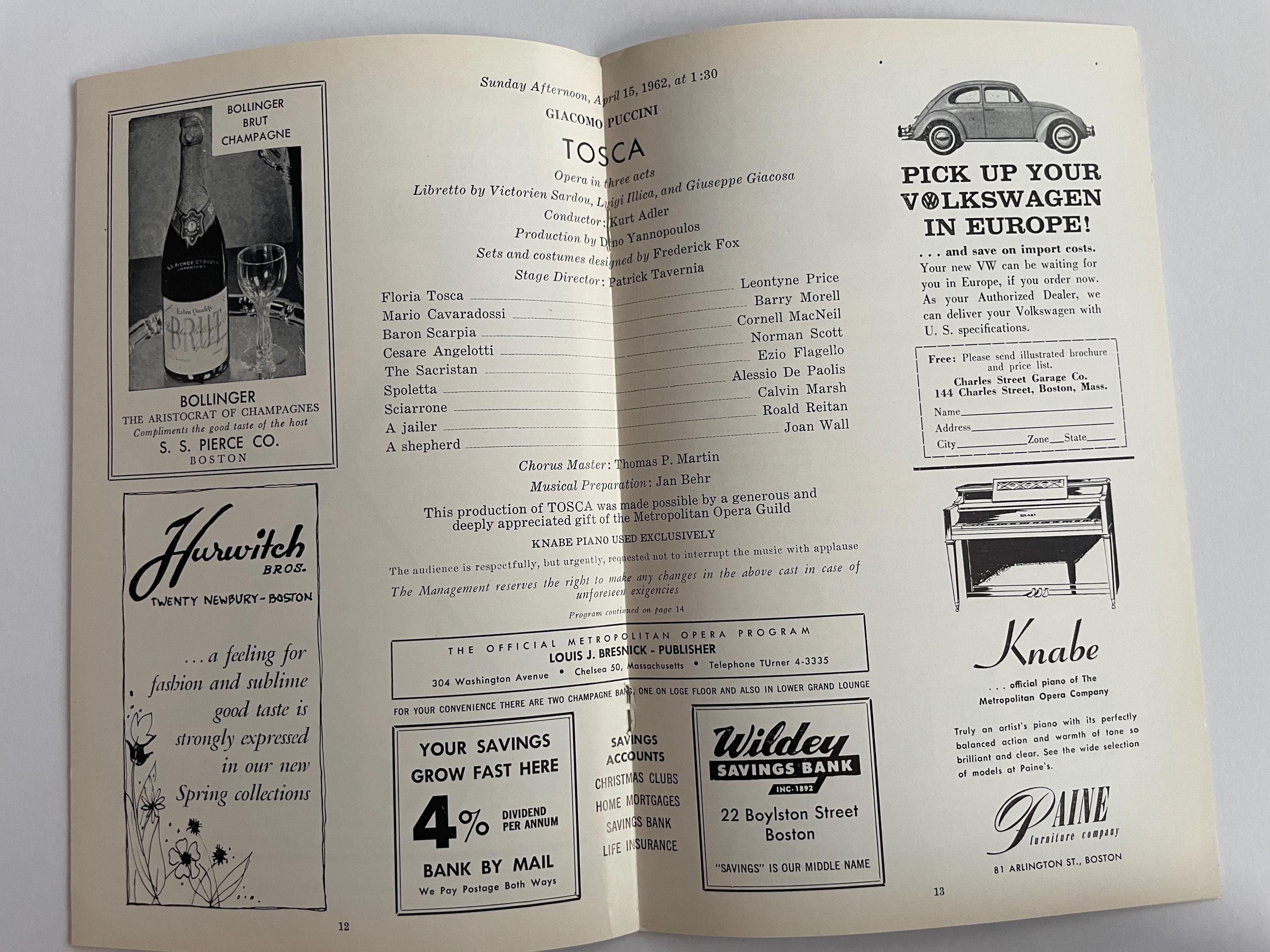 Tosca (1962) Metropolitan Opera Theatre Vintage Playbill 1960s Boston ...