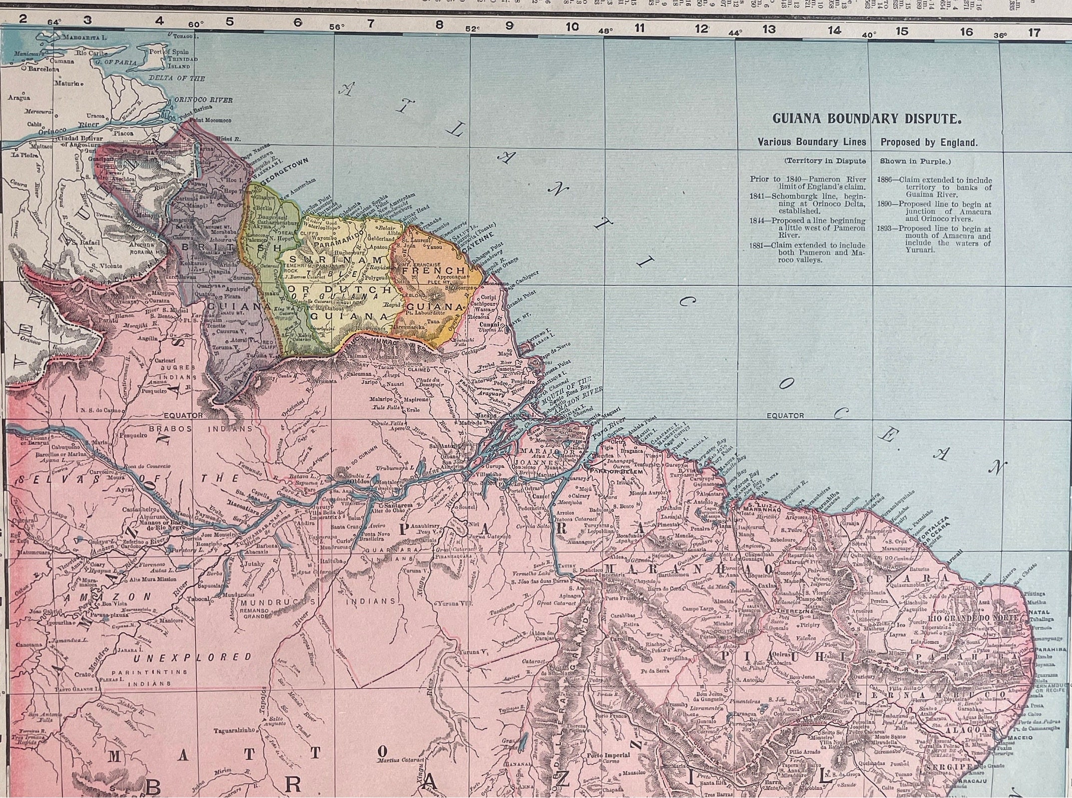 Antique Brazil and Guiana Map, South America Map, Antique Color Map ...
