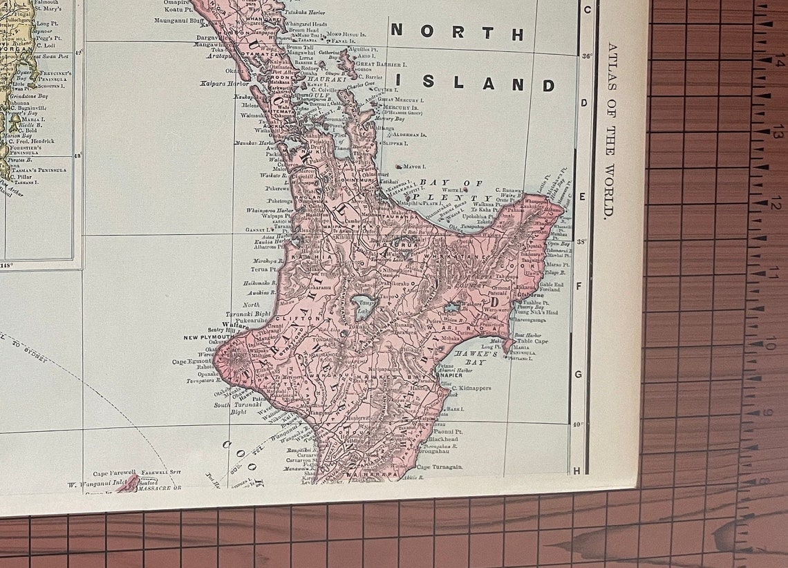 Antique New Zealand Map, Tasmania, and the Fiji Islands, Antique Color ...