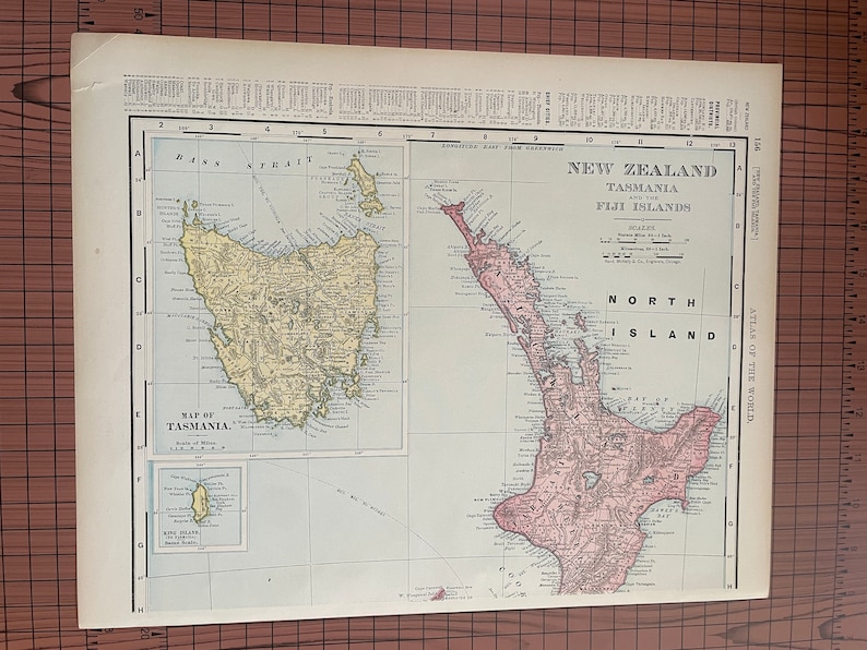 Antique New Zealand Map, Tasmania, and the Fiji Islands, Antique Color ...