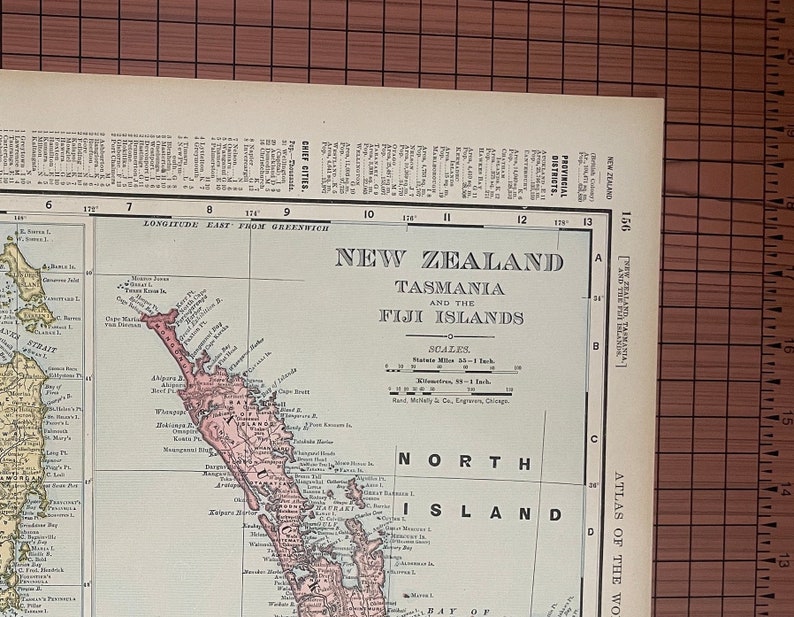 Antique New Zealand Map, Tasmania, and the Fiji Islands, Antique Color ...