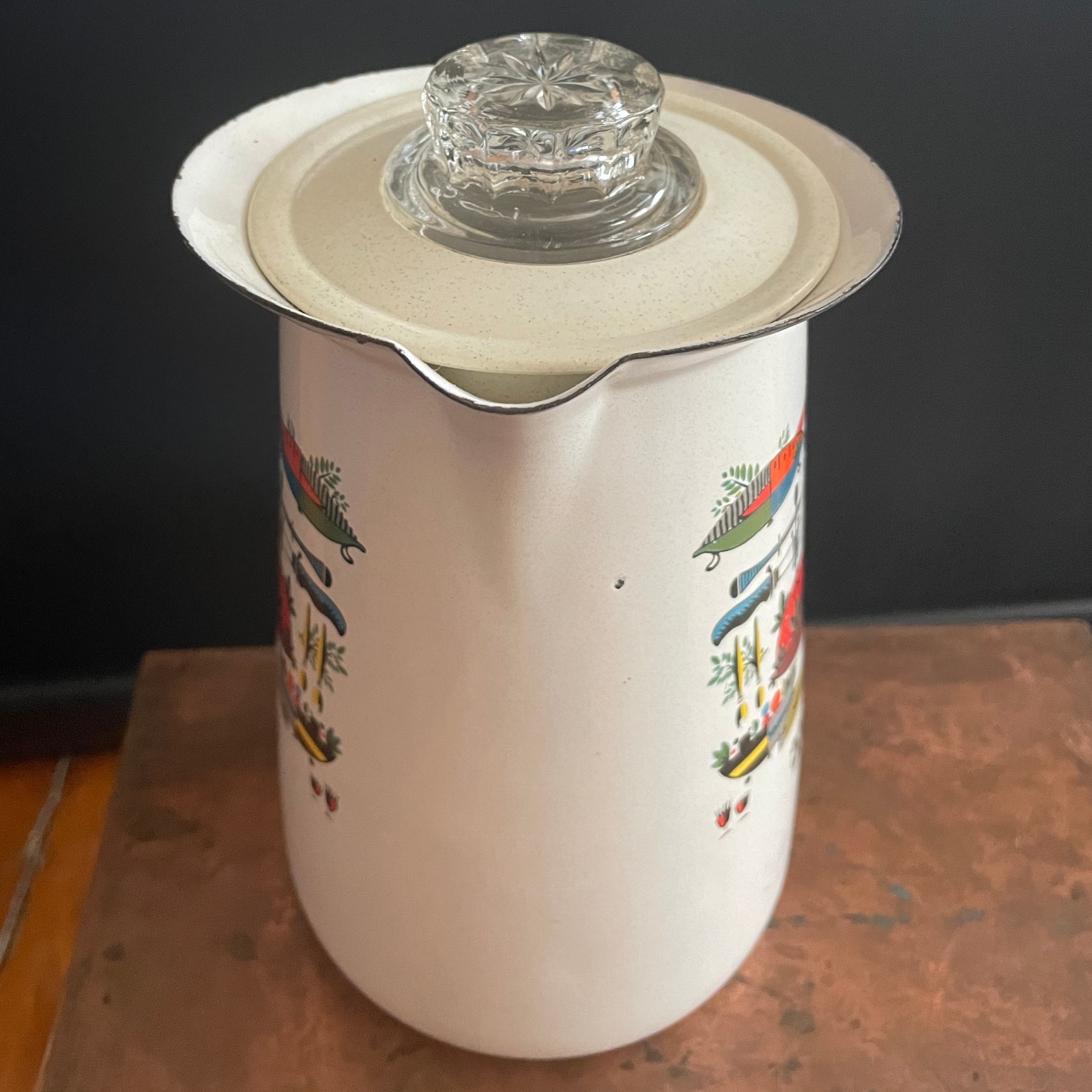 Mid Century Georges Briard Coffee Percolator White Enamel With Turkey ...