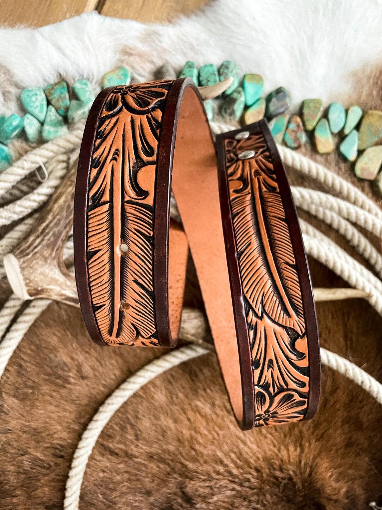 Two-tone Floral & Feather Tooled Leather Belt - Etsy