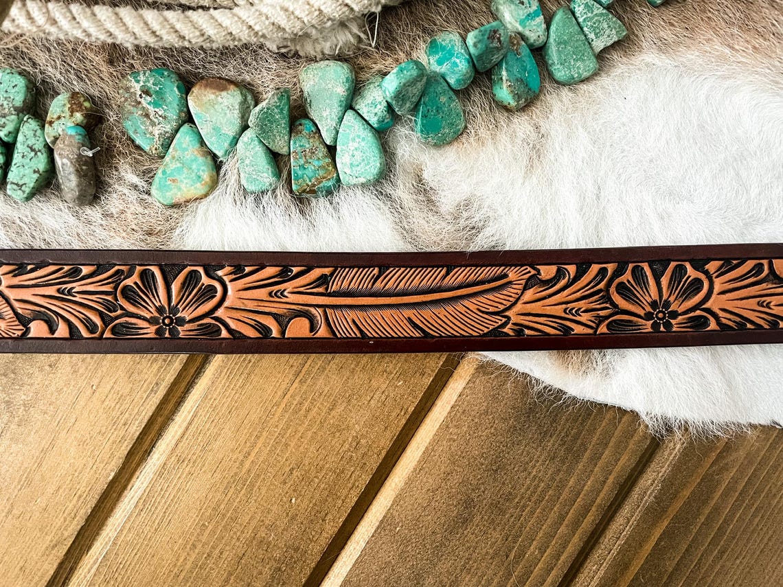 Two-tone Floral & Feather Tooled Leather Belt - Etsy