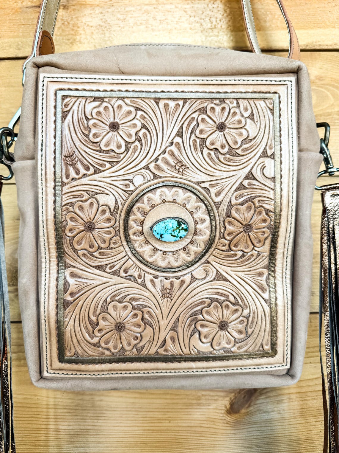 Tan Hand Tooled Leather & Turquoise Stone Purse - Etsy