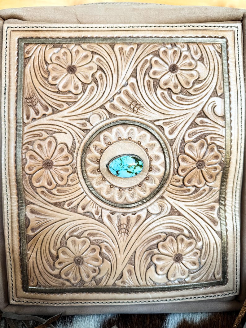 Tan Hand Tooled Leather & Turquoise Stone Purse - Etsy