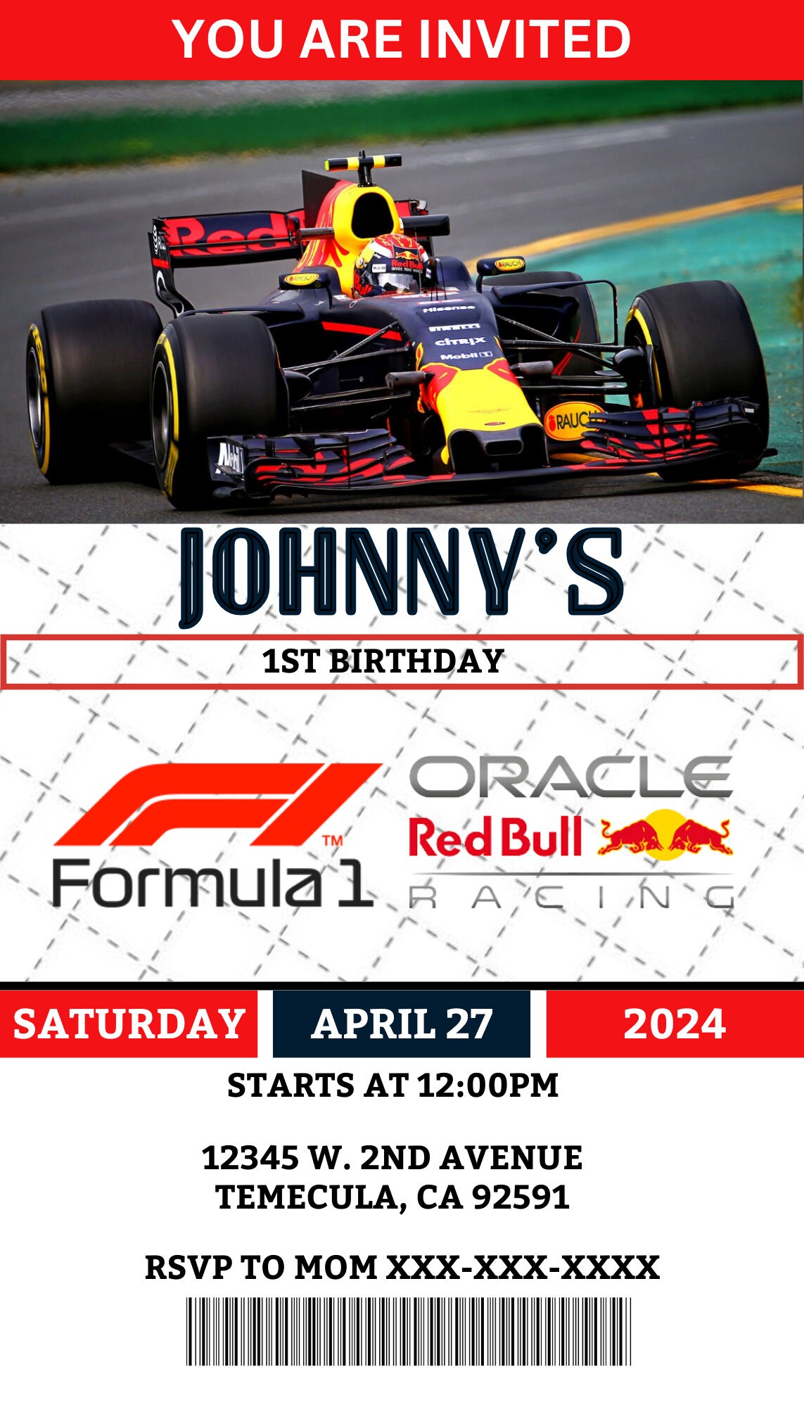 Fast One Invitation, Formula 1 Invitation, First Birthday Invitation ...