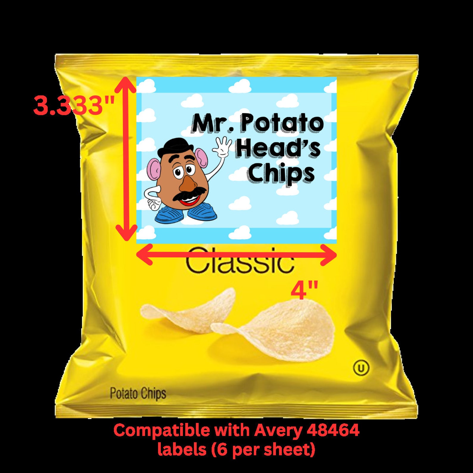 Mr. Potato Head Chip Bag Labels, Custom Chip Label, Pixar Party Chip ...