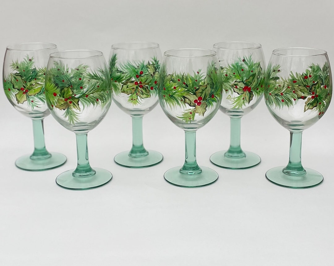 Hand Painted Christmas Wine Glasses, Vintage Christmas Glasses, Holiday ...