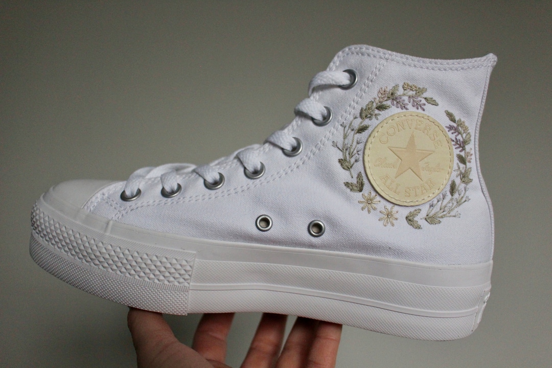 Embroidered All White Converse Platform Hi Tops - Etsy