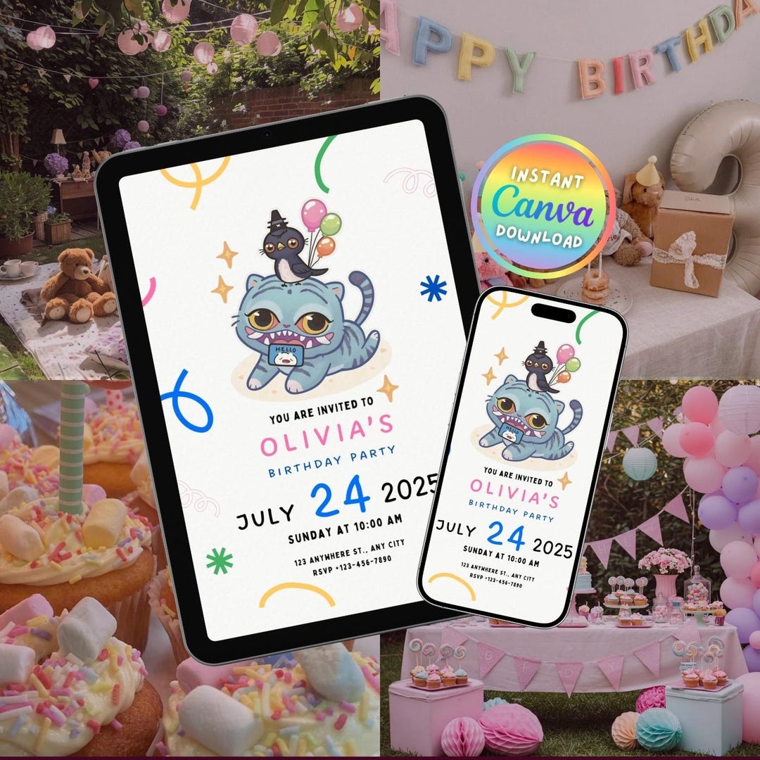 Kpop Demon Hunters Derpy Tiger Invitation With Video, Editable Birthday ...