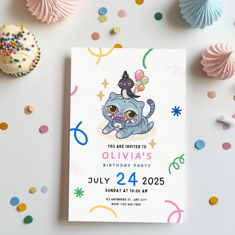 Kpop Demon Hunters Derpy Tiger Invitation With Video, Editable Birthday ...