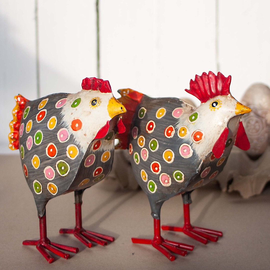 Rooster and Hen Made of Metal Set of 2 Pair of Chickens Gray Colorful ...