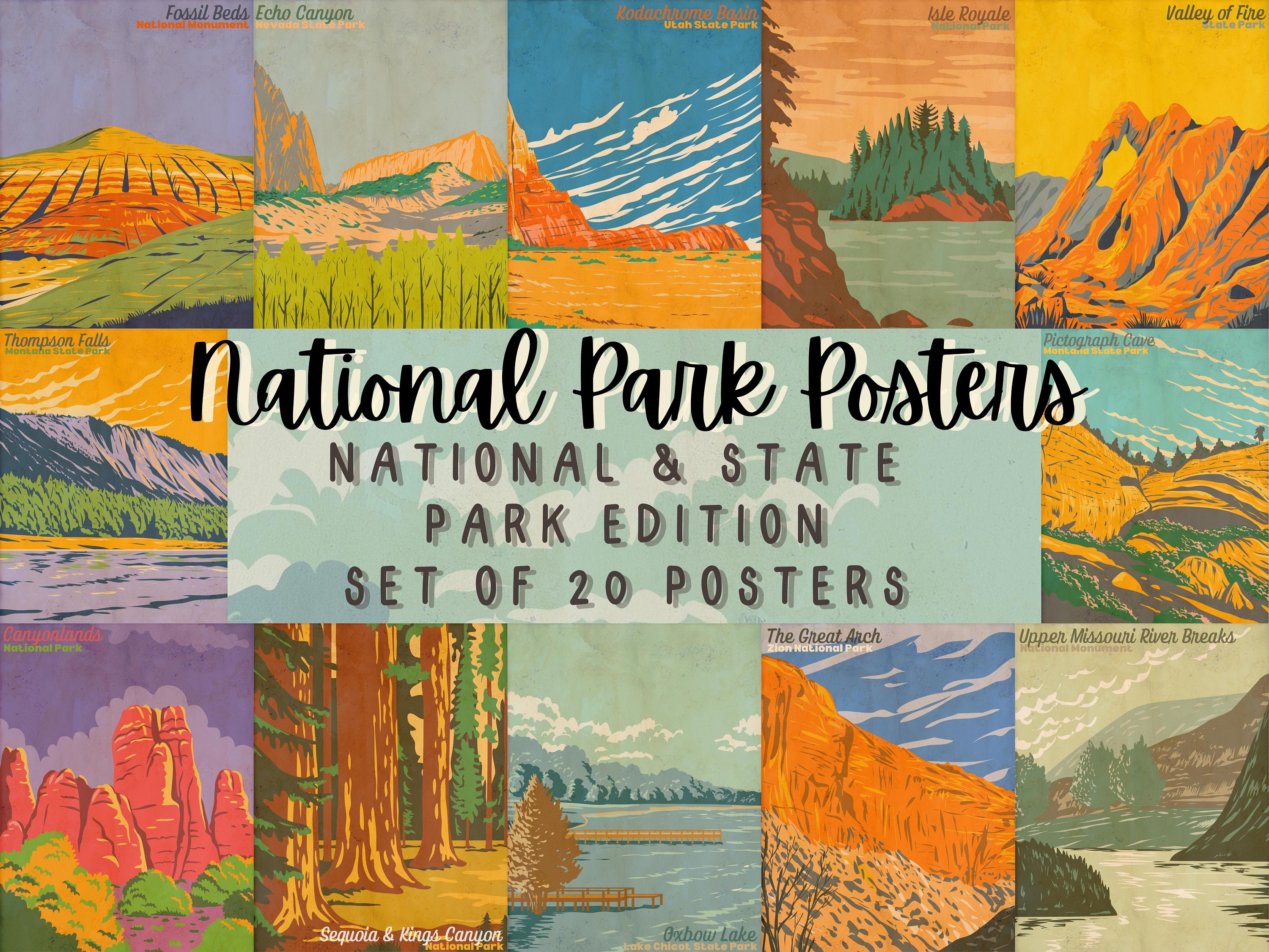 National & State Park Posters With Location Names | Set of 20 ...